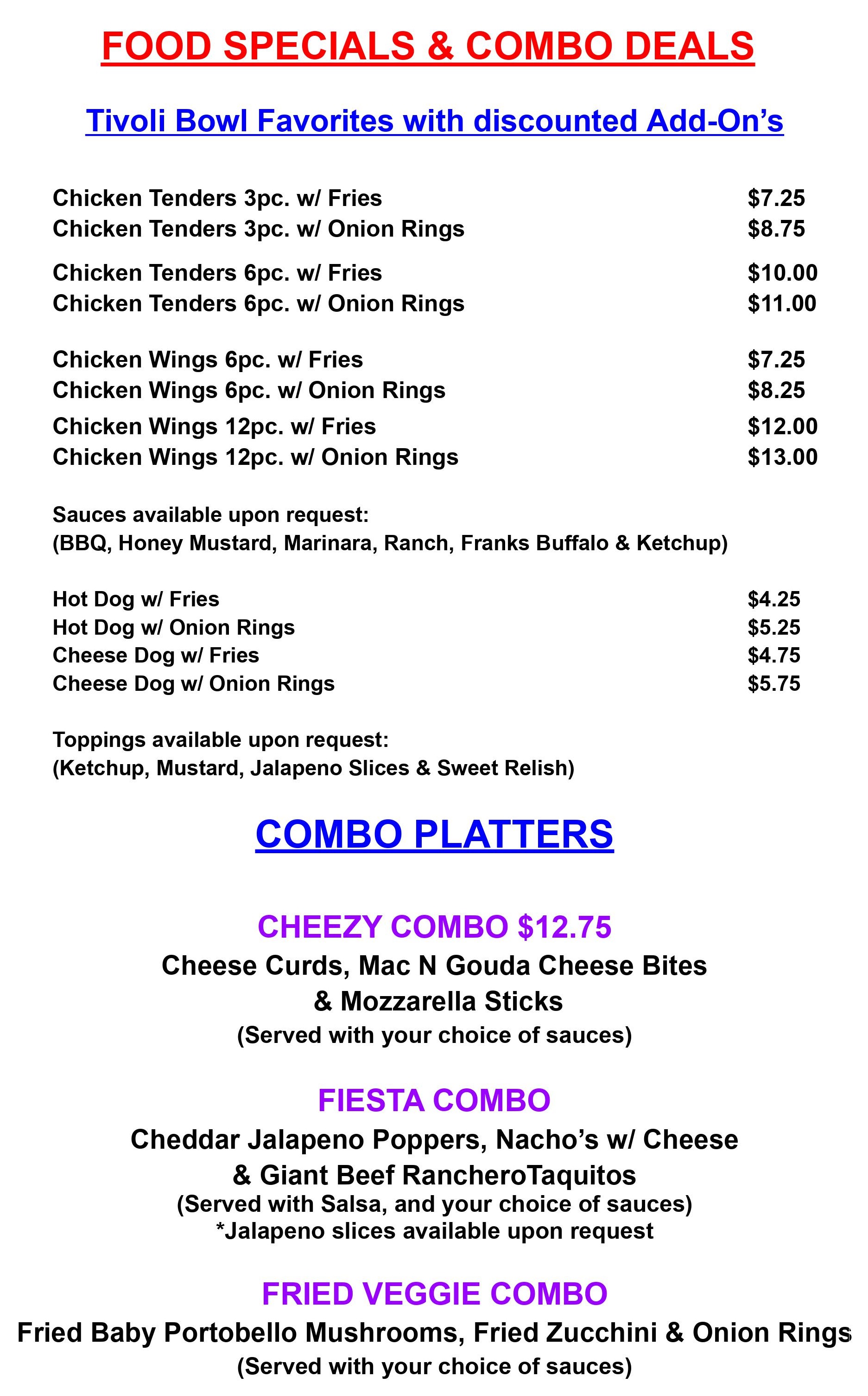 MENU | Tivoli Bowling Center